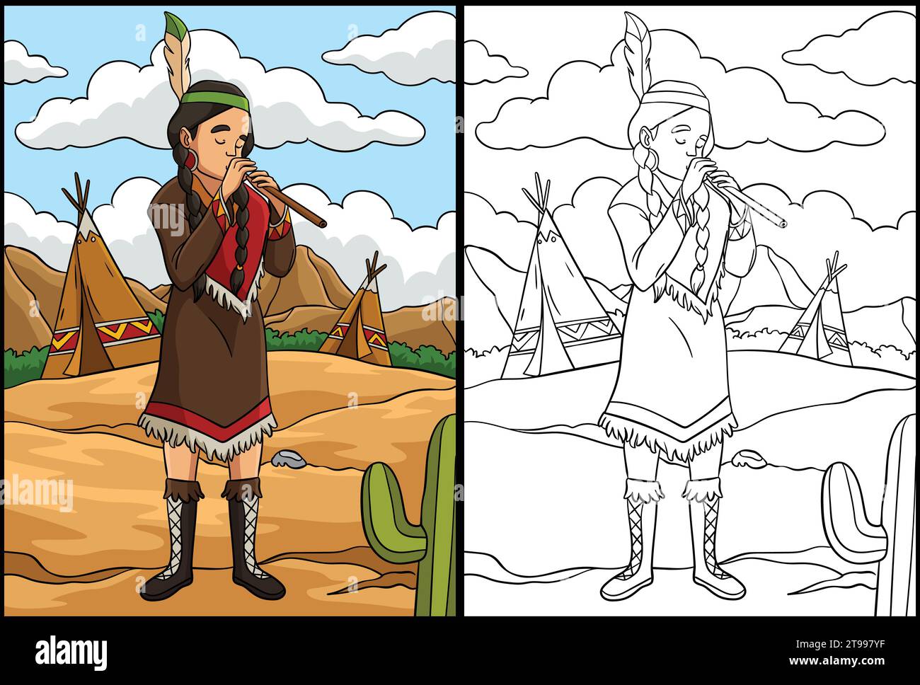 Native American Indian Girl and Flute Illustration Stock Vector Image ...