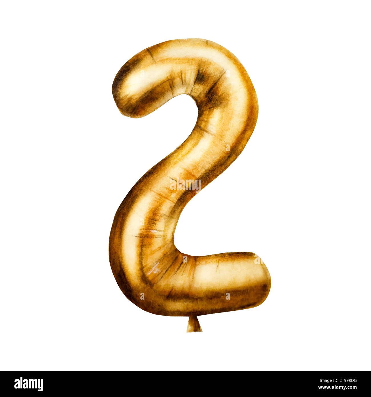 Watercolor golden foil balloon digit 2. Hand drawn birthday party ...