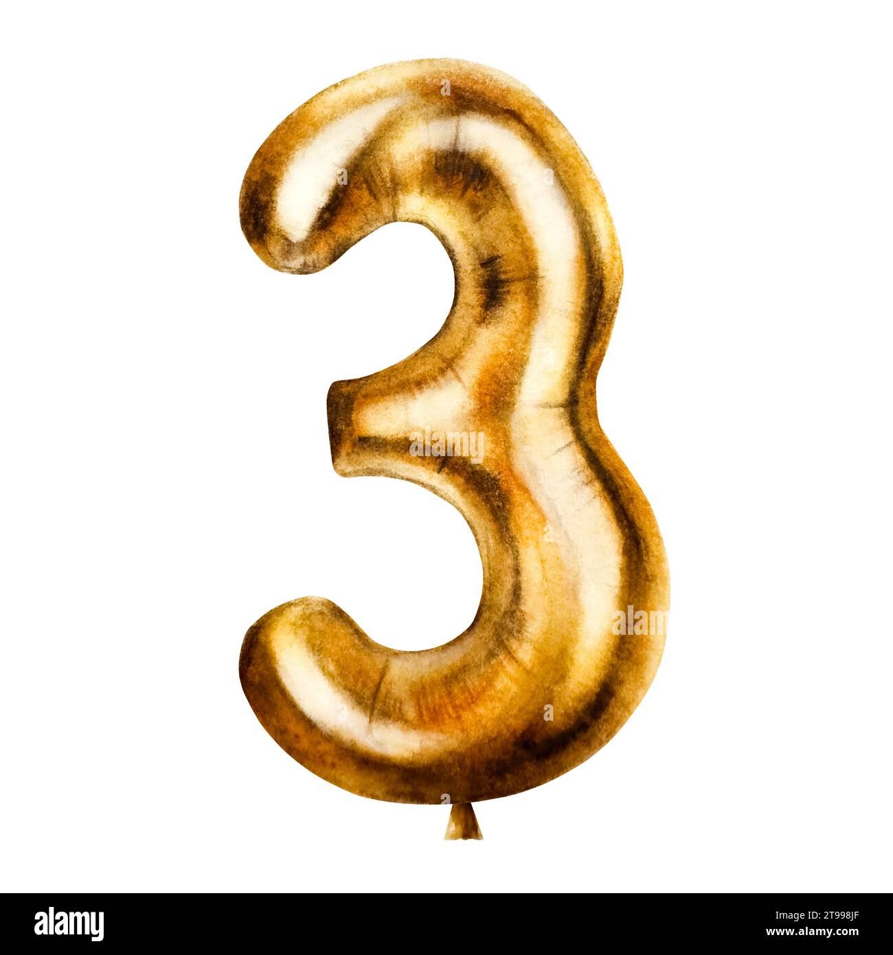 Watercolor golden foil balloon digit 3. Hand drawn birthday party ...