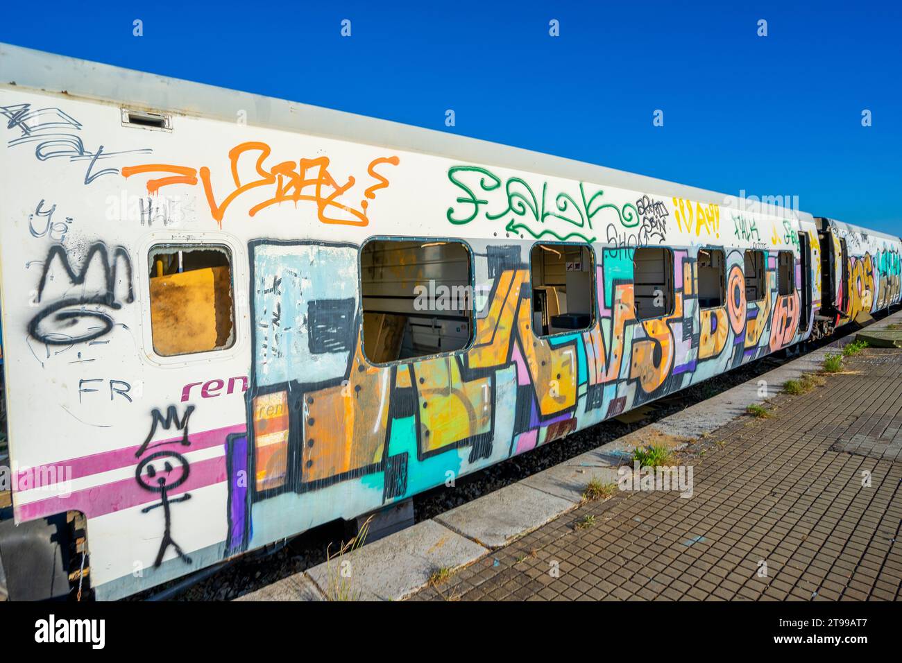 Vandalized train carriages with paintings without artistic expression ...