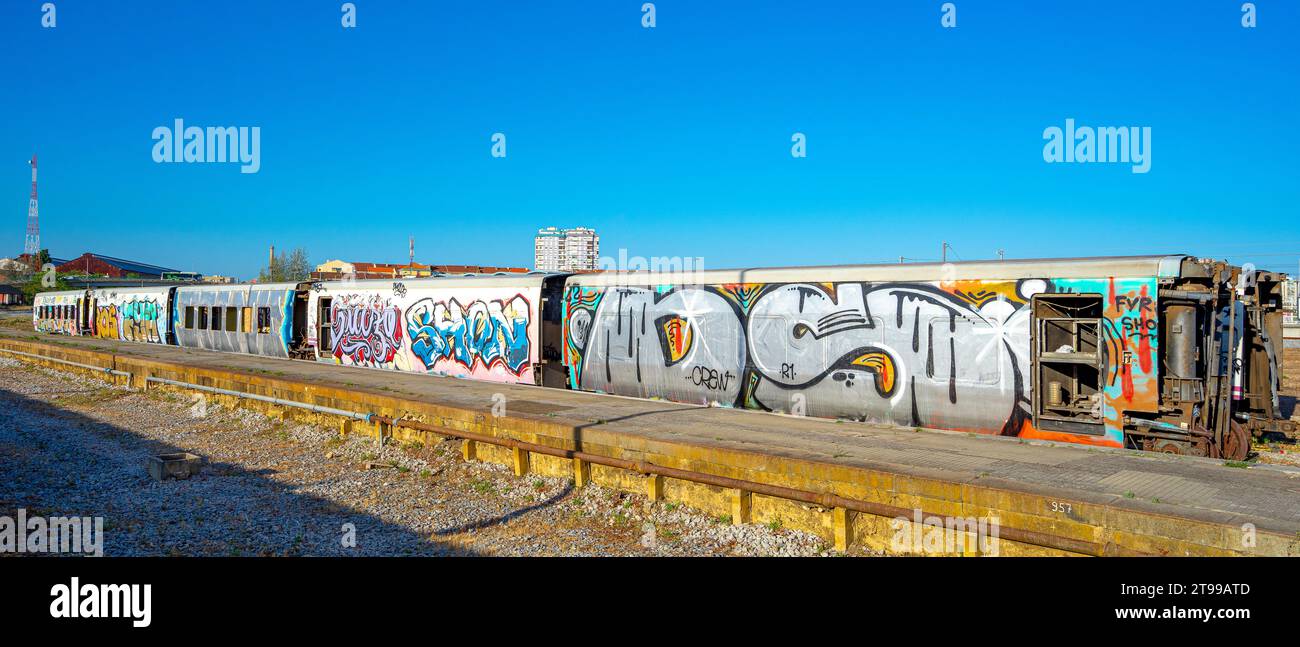 Vandalized train carriages with paintings without artistic expression ...