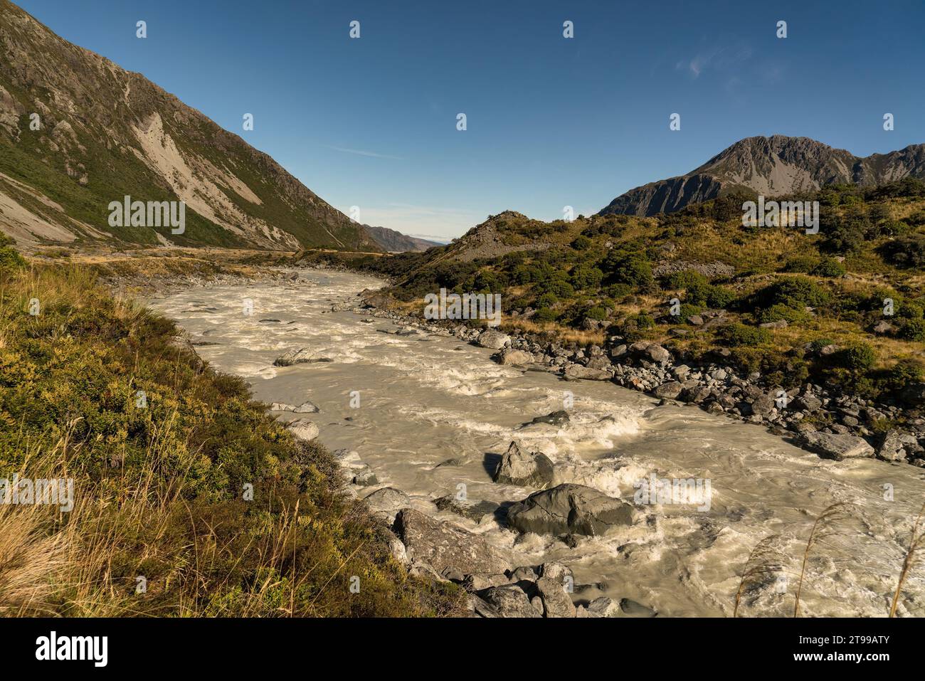 The Tasman river flowingb through the valley in the national Park Stock ...