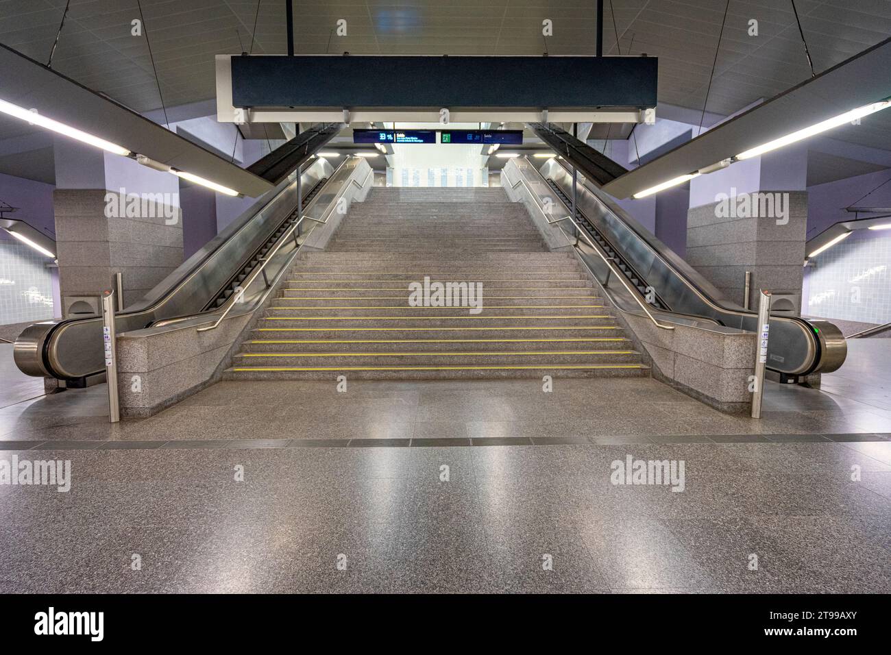 stairs inside the underground platform of the Moscavide metro station ...