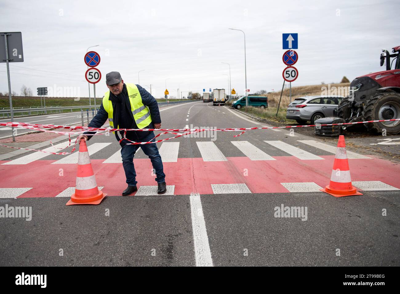 A farmer seen setting up the road blockade next to the Medyka border ...