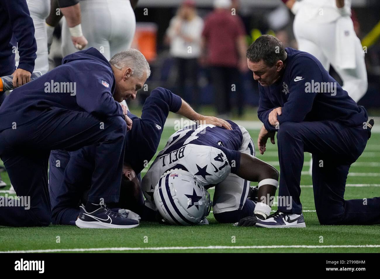 Dallas Cowboys safety Markquese Bell (14) is tended to during the first ...