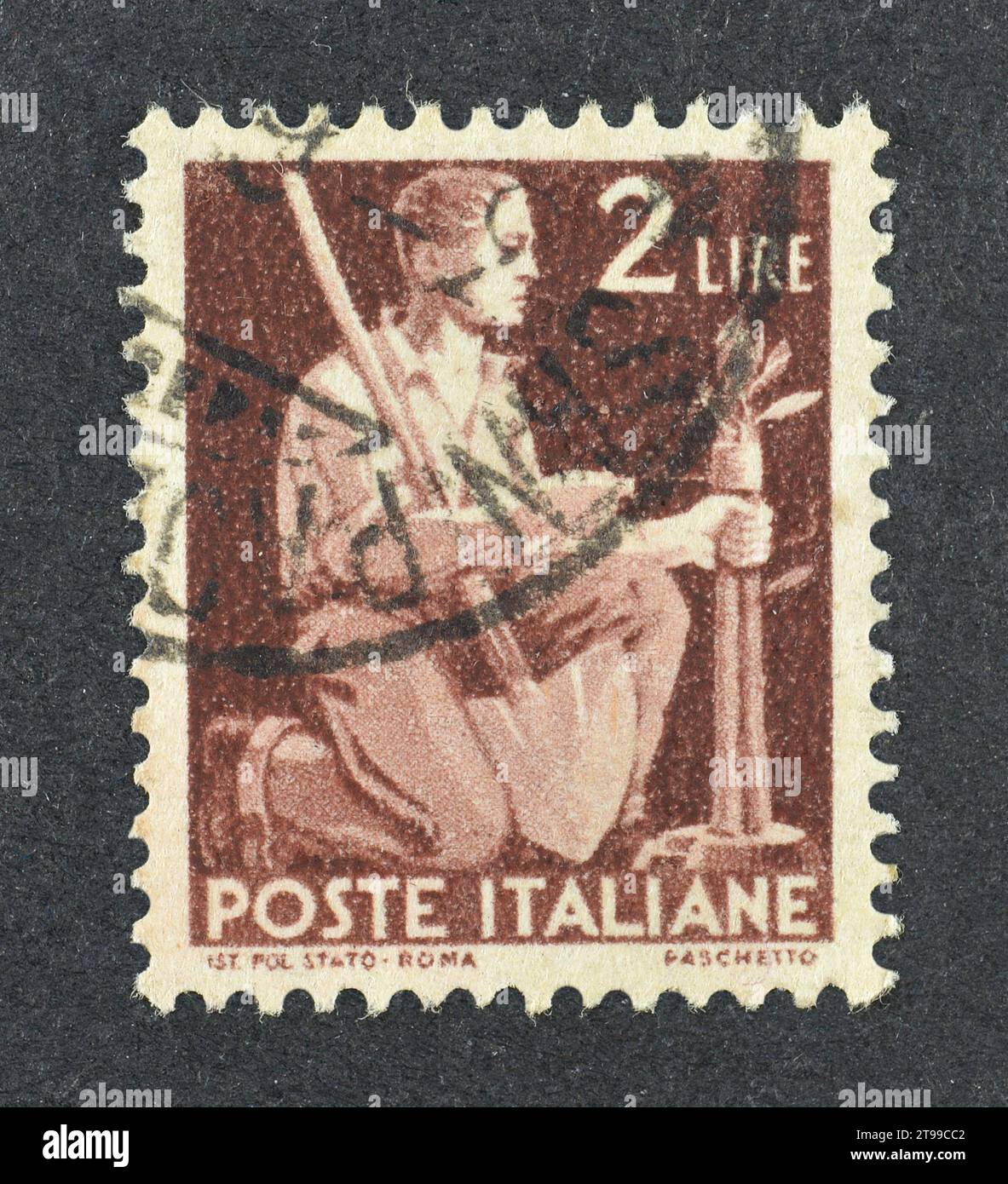 Cancelled postage stamp printed by Italy, that shows Farmer Grafting a ...