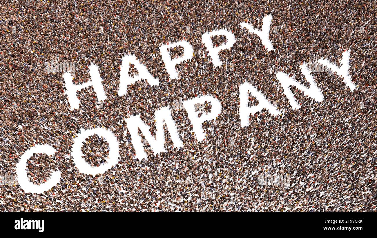 Conceptual community of people forming the HAPPY COMPANY message. 3d ...