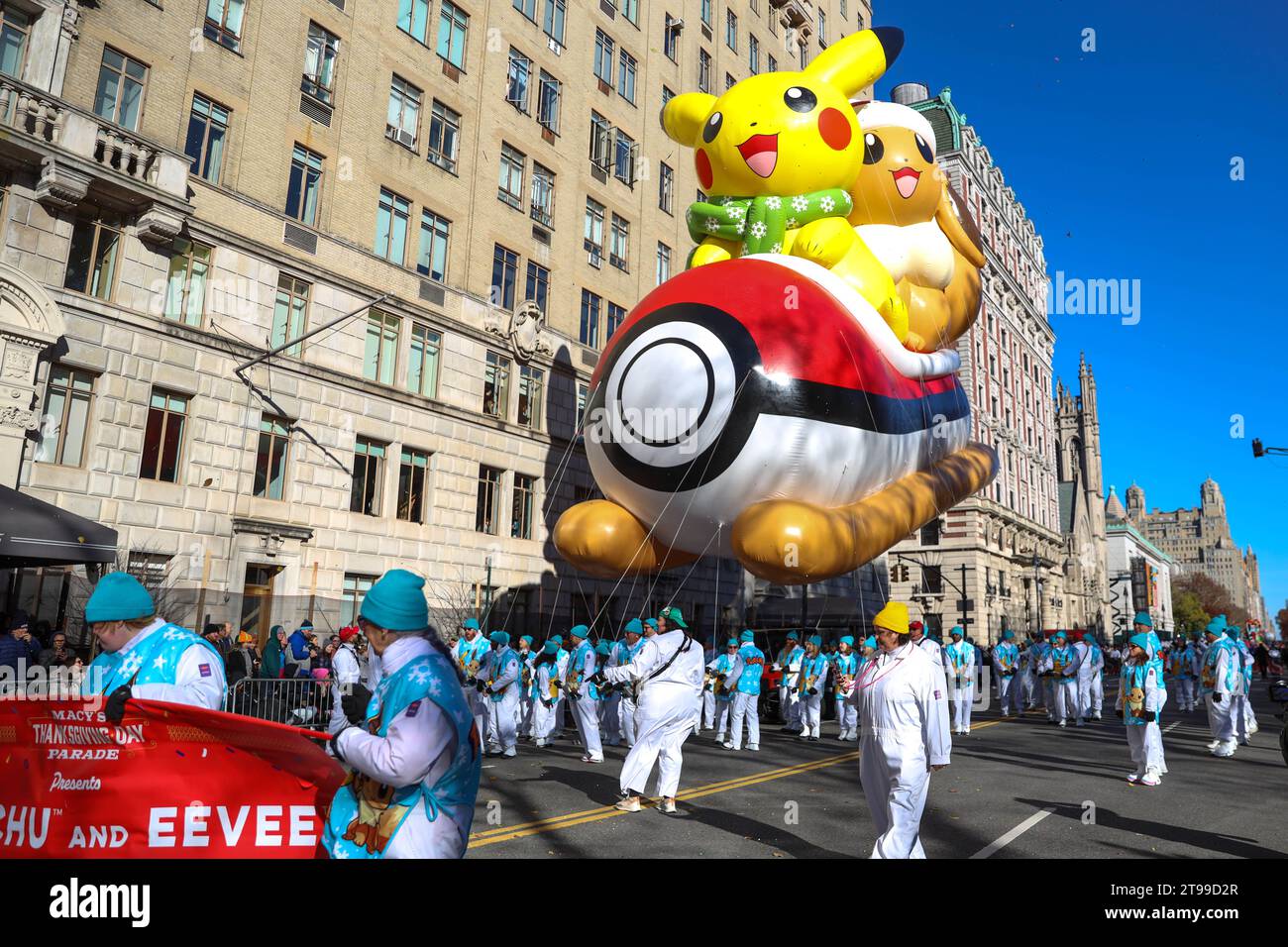 The Pikachu and Eevee balloon floats down Central Park West during the ...