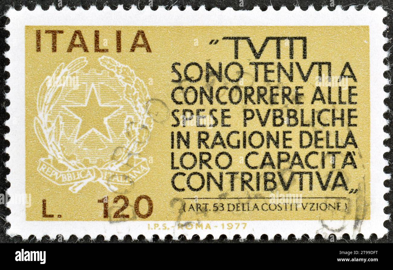 Cancelled postage stamp printed by Italy, that shows Article 53 of the ...