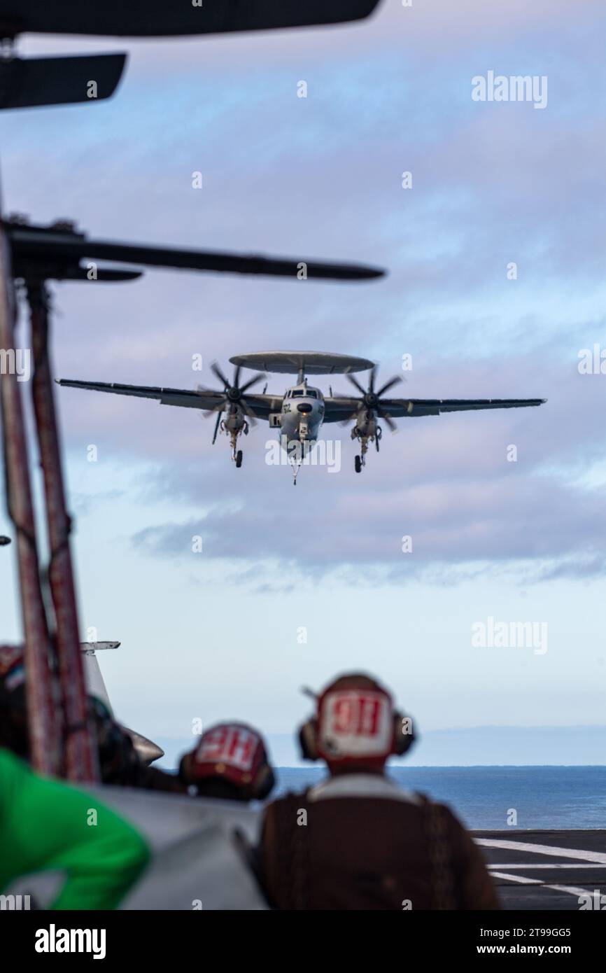 PACIFIC OCEAN (Nov. 17, 2023) An E-2D Hawkeye, assigned to the “Liberty ...