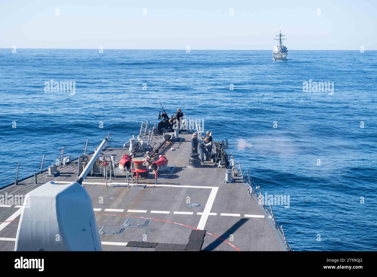 PACIFIC OCEAN (Nov. 20, 2023) U.S. Sailors shoot a mounted .50-caliber ...