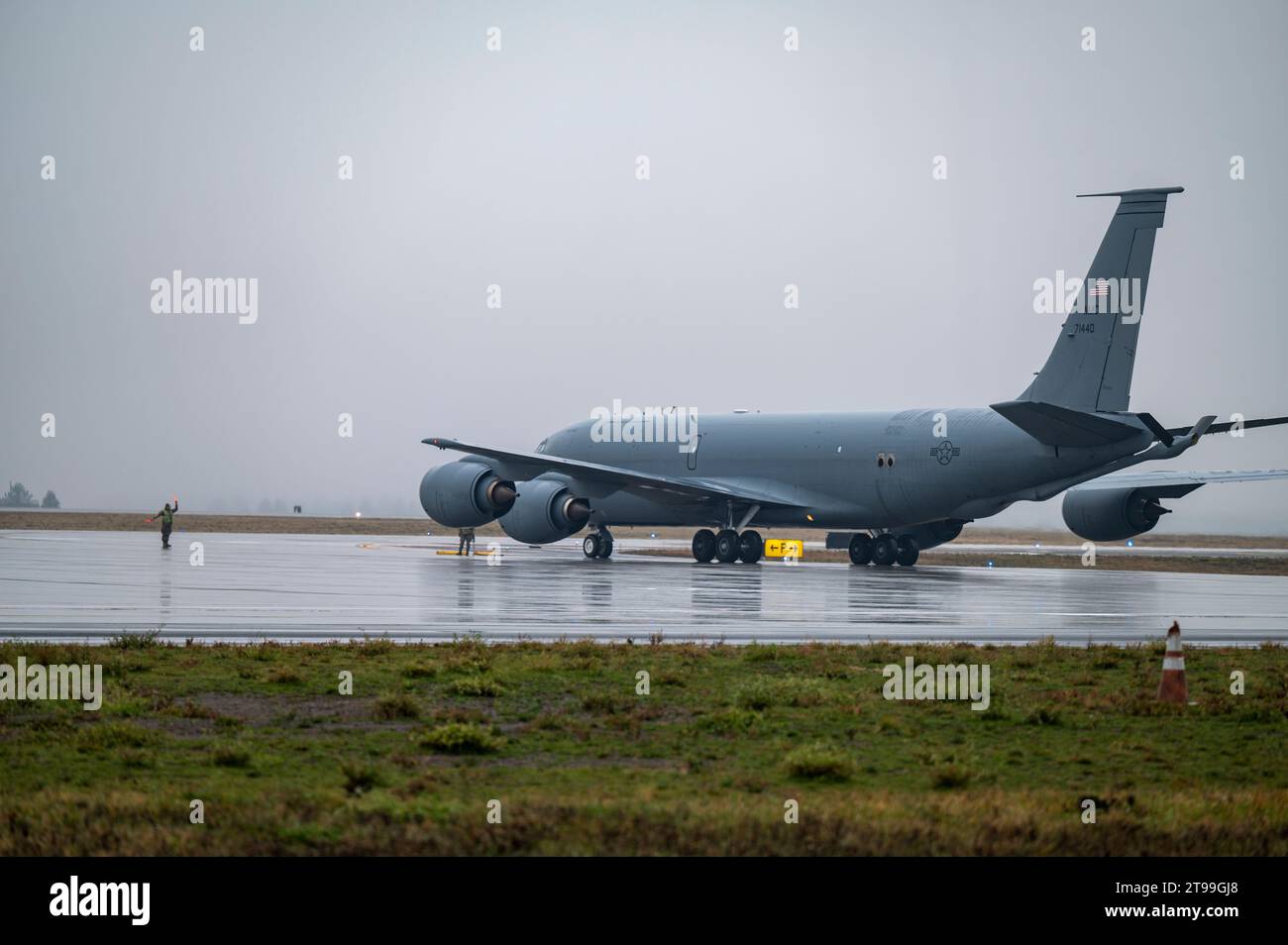 An Airman assigned to the 92nd Aircraft Maintenance Squadron marshals a ...