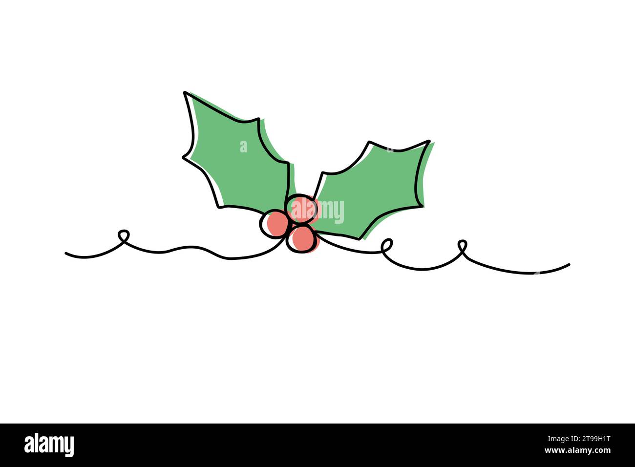Holly leaves with berries, line art with color, continuous line vector ...