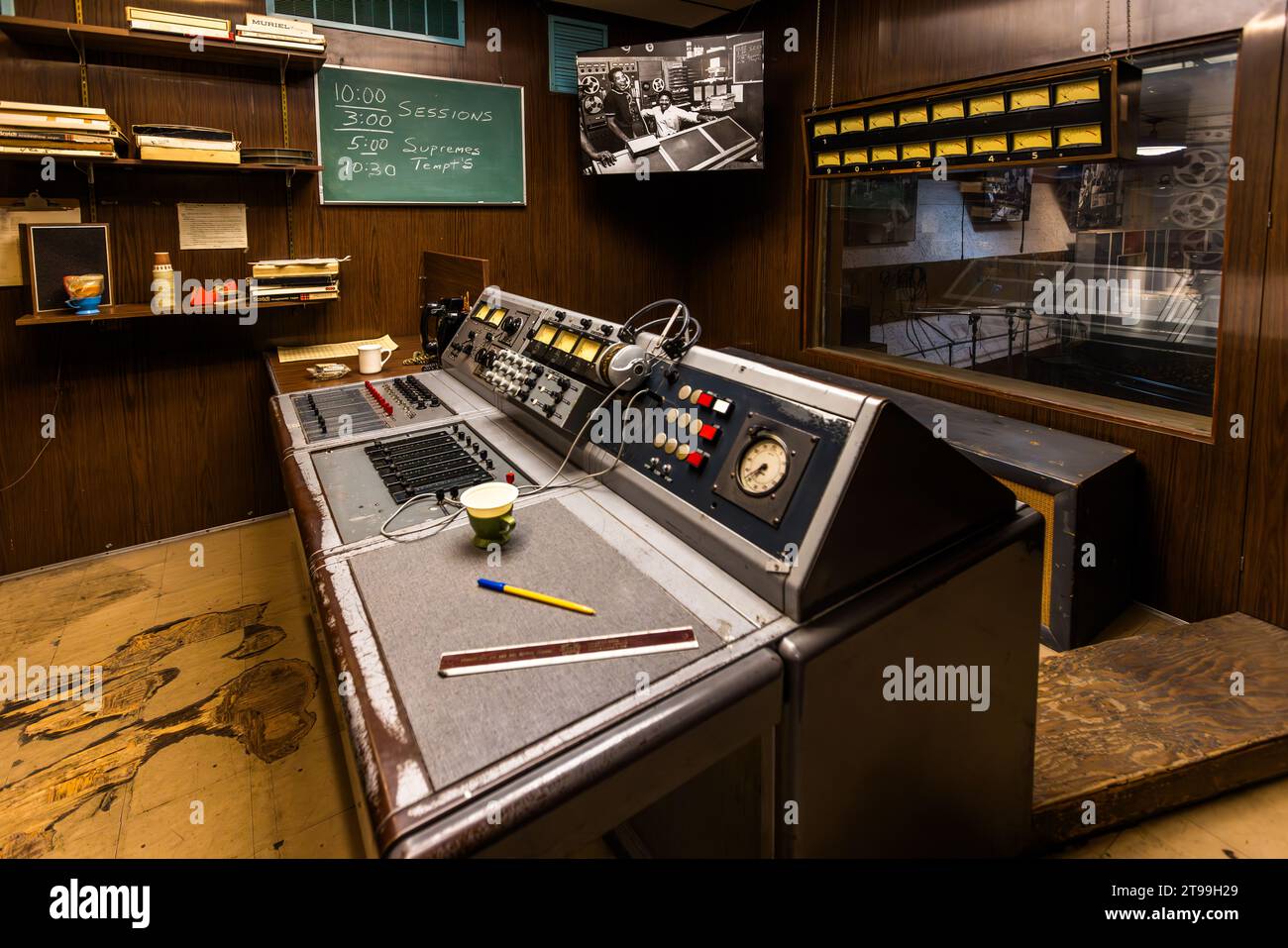 Control room of Studio A at Motown Studios. On the blackboard the daily ...