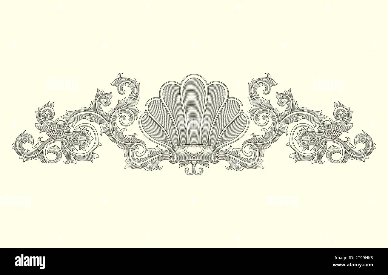 Shell with floral ornament, vintage engraving drawing style vector ...