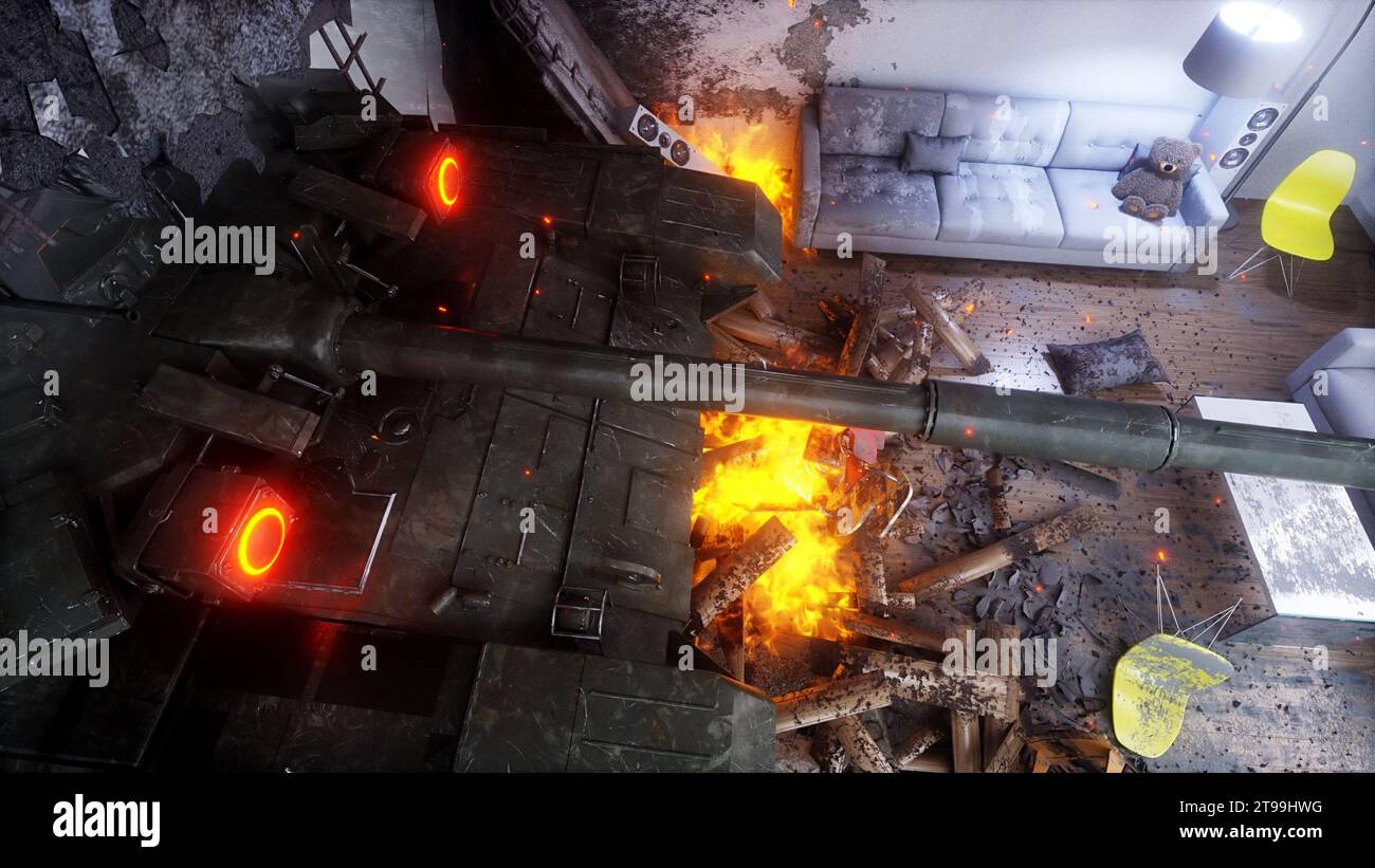 anti-war concept. military tank invaded in house. 3d rendering Stock ...