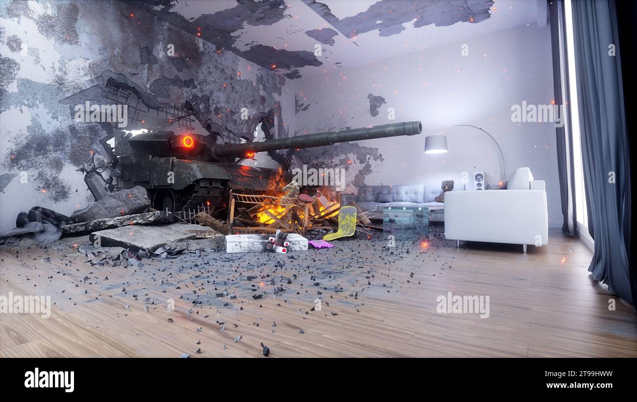 anti-war concept. military tank invaded in house. 3d rendering Stock ...