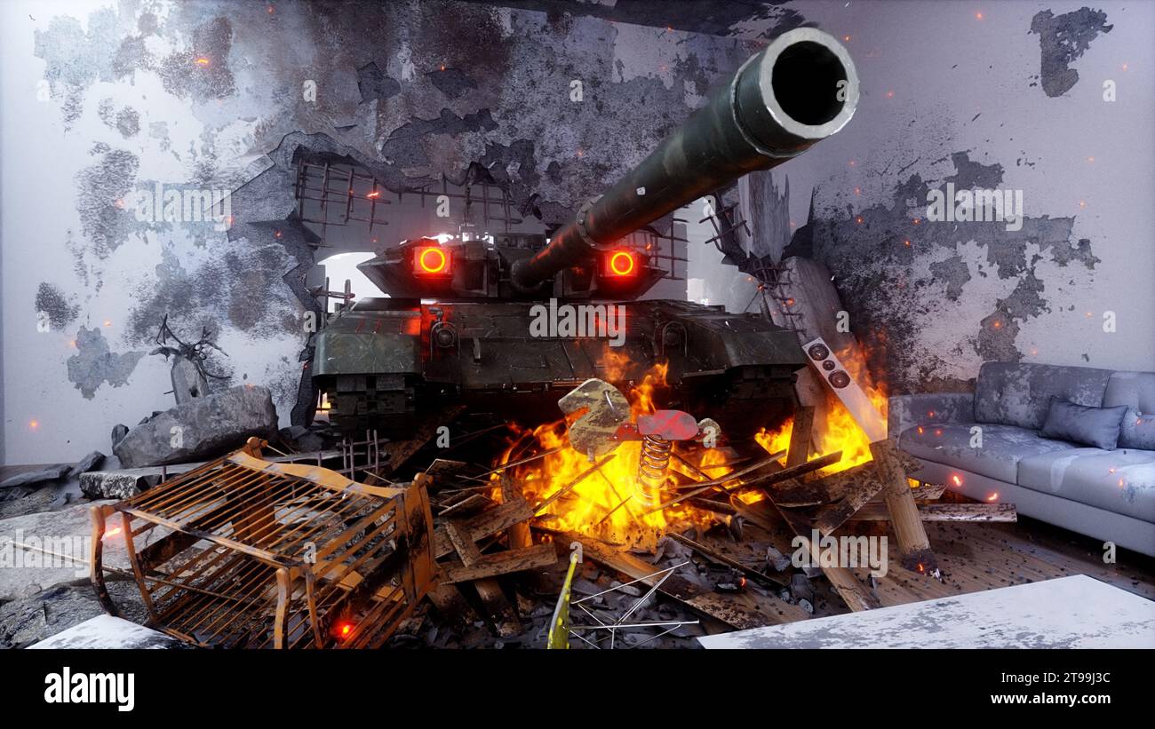 anti-war concept. military tank invaded in house. 3d rendering Stock ...