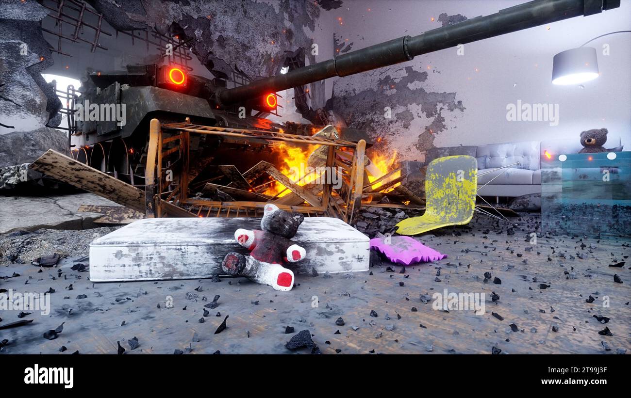 anti-war concept. military tank invaded in house. 3d rendering Stock ...