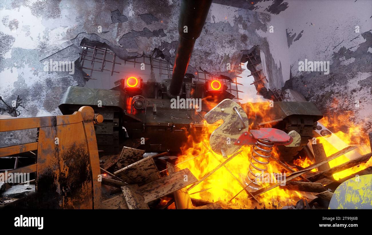 anti-war concept. military tank invaded in house. 3d rendering Stock ...