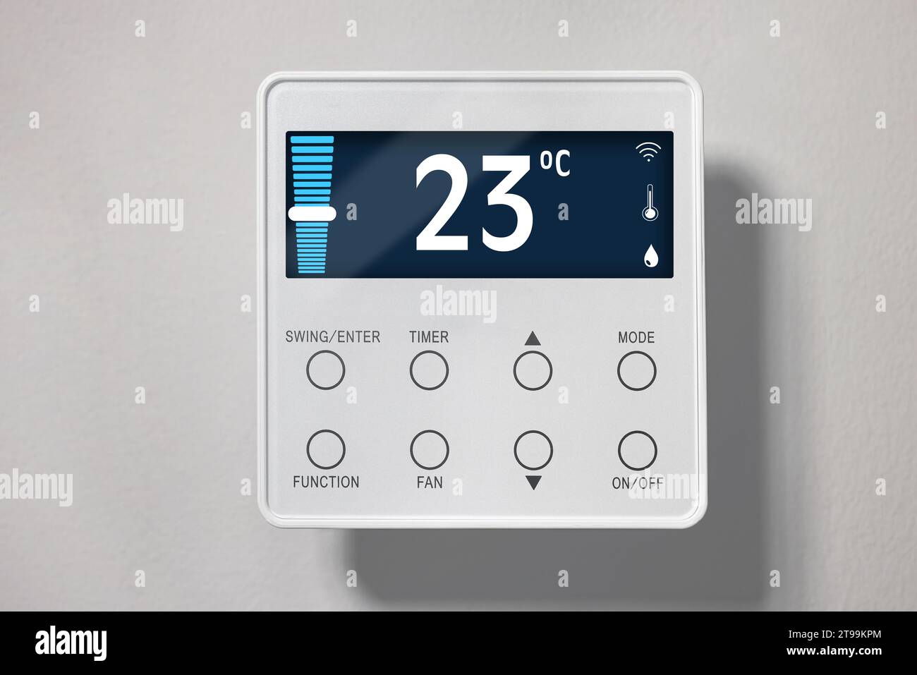 Thermostat displaying temperature in Celsius scale and different icons ...