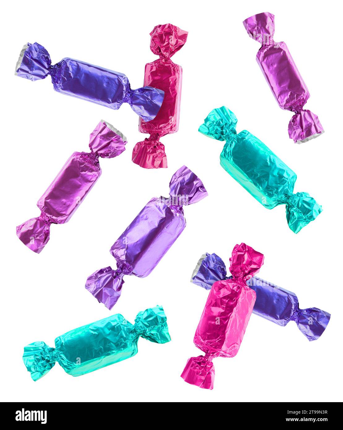 Tasty candies in bright wrappers falling on white background Stock ...
