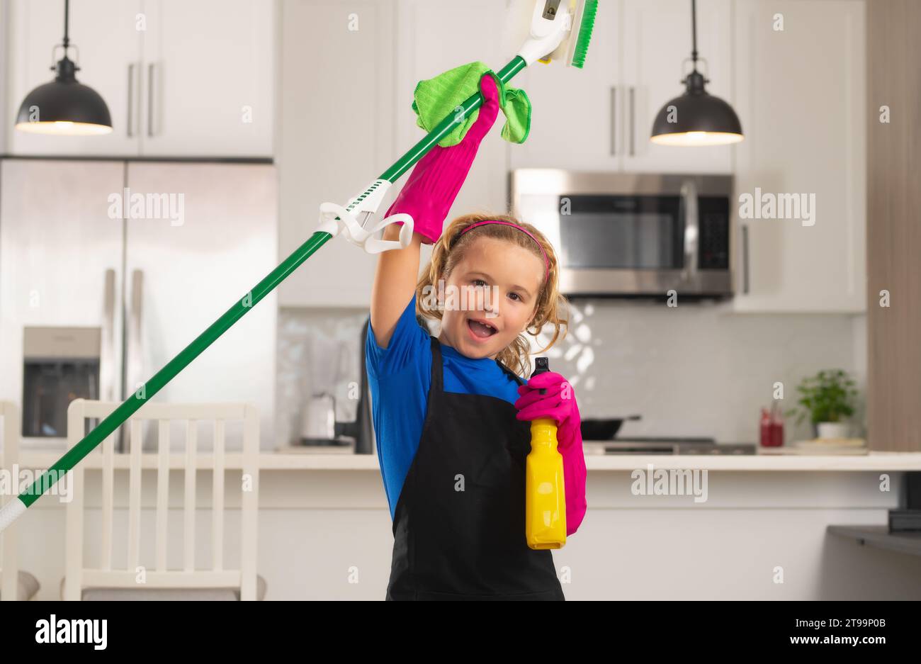 Housekeeping, home chores. Children helping with housekeeping, cleaning ...