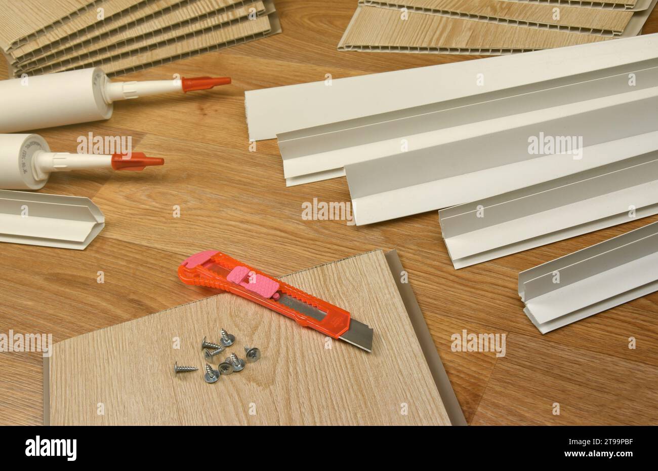 Set of items for PVC ceiling indoor works. Assembly adhesive bottles ...