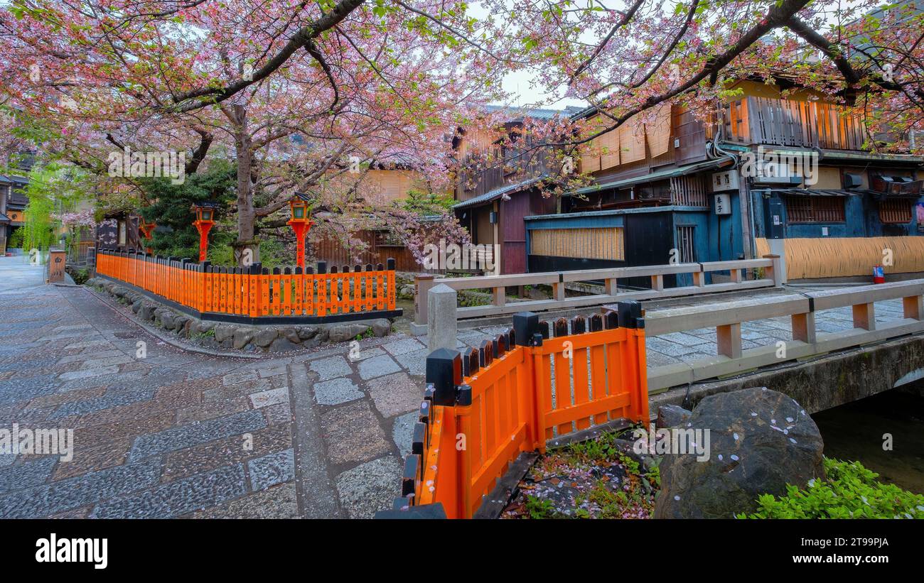 Kyoto, Japan - April 6 2023: Tatsumi bashi bridge is the iconic place ...