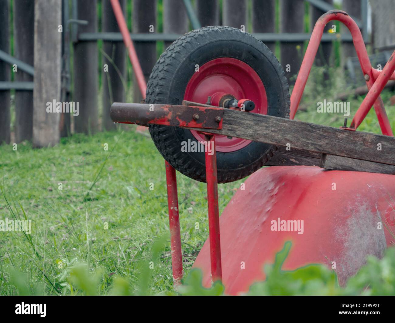 A red Wheelbarrow turned upside down in a backyard on the green grass ...
