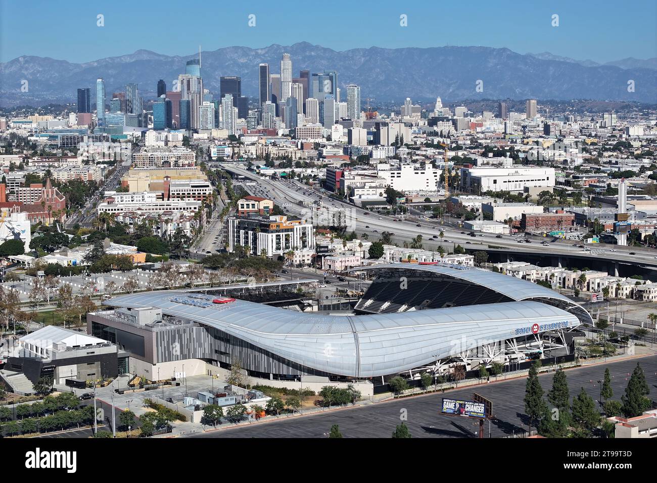 A general overall aerial view of BMO Stadium and downtown skyline ...