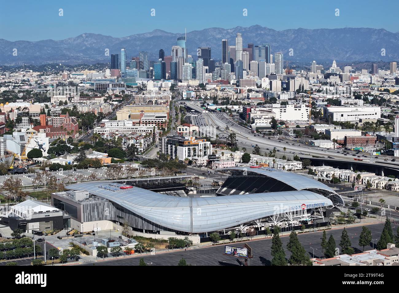A general overall aerial view of BMO Stadium and downtown skyline ...