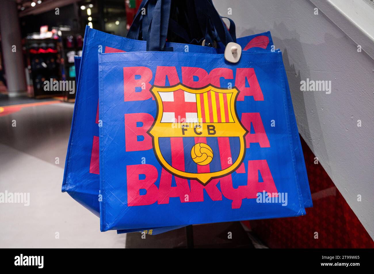Barcelona, Spain. 21st Nov, 2023. Barcelona football team shopping bags ...