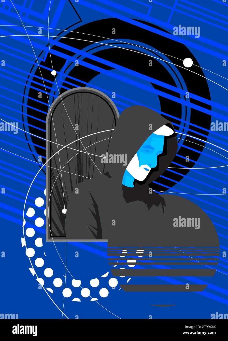 Blue, white and black geometrical graphic retro poster with male head ...