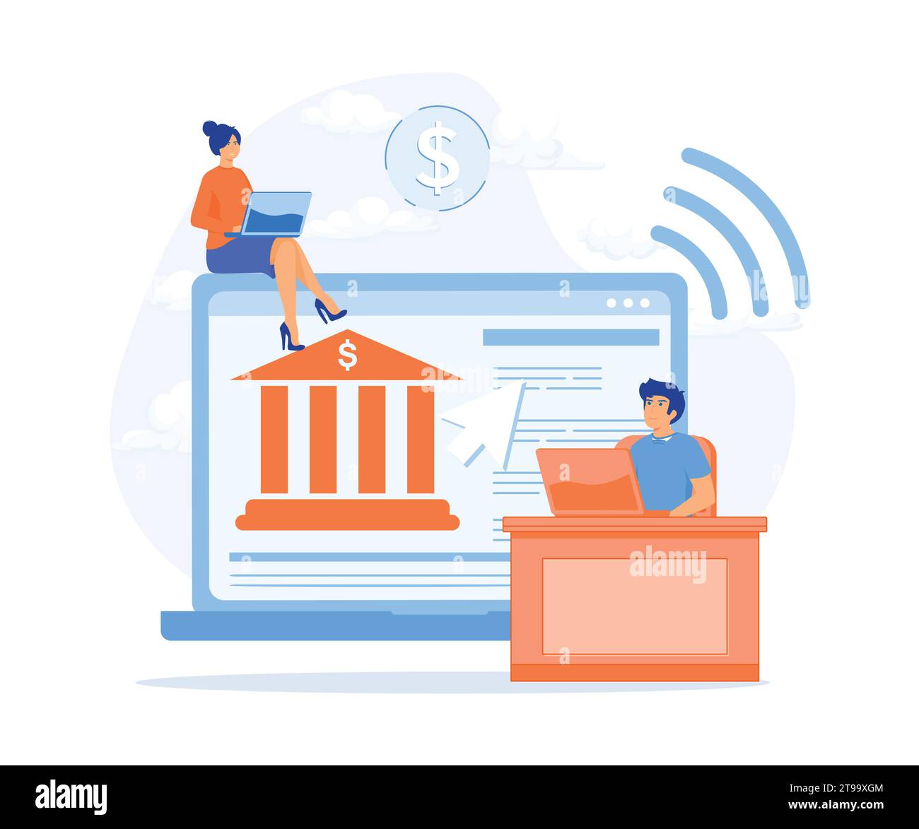 online banking system, finance digital transformation concept, people with laptop and financial ...