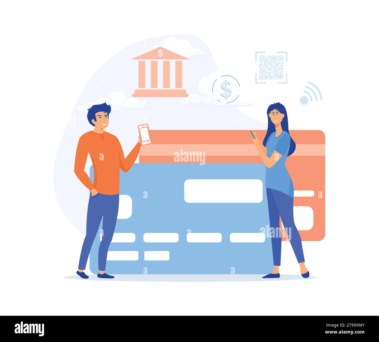 Mobile banking concept, people standing near credit cards and using mobile smart phone for ...