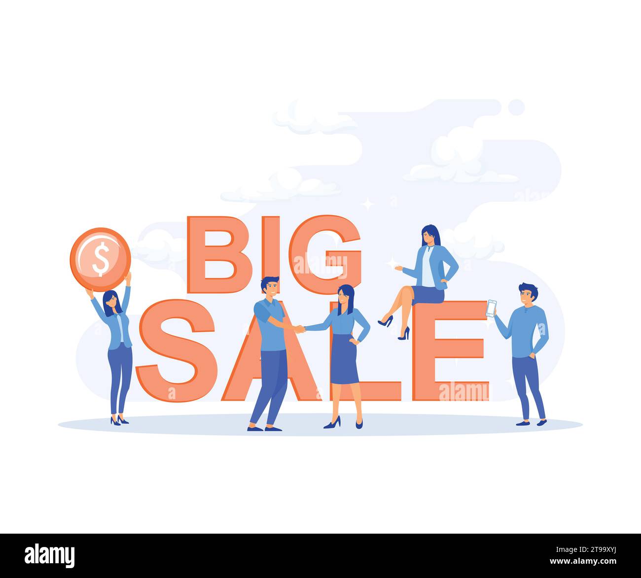 Big sale with small happy characters, Man and woman characters on ...