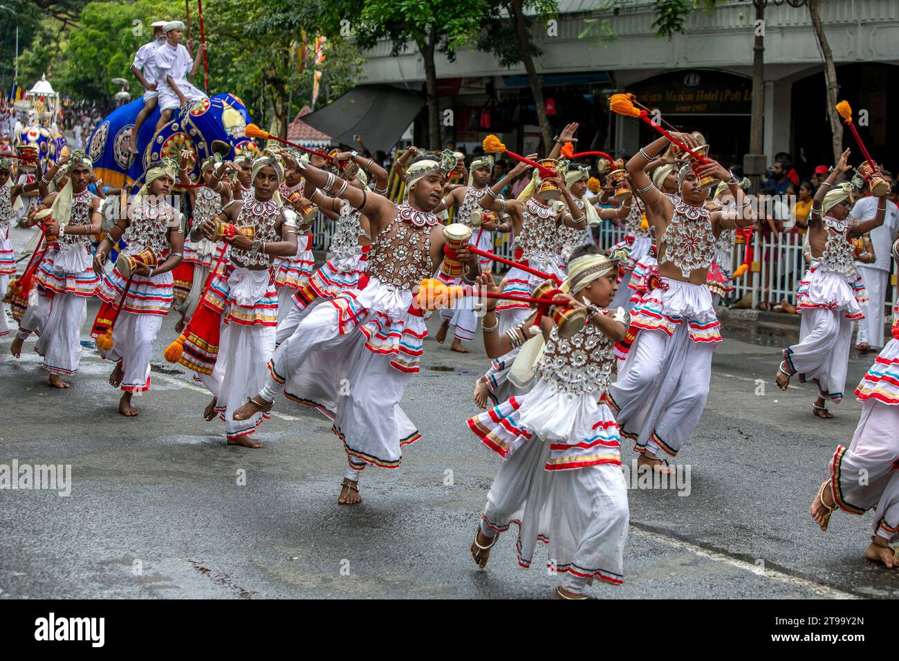 KANDY, SRI LANKA - AUGUST 31, 2023 : Udekki Players perform along a ...