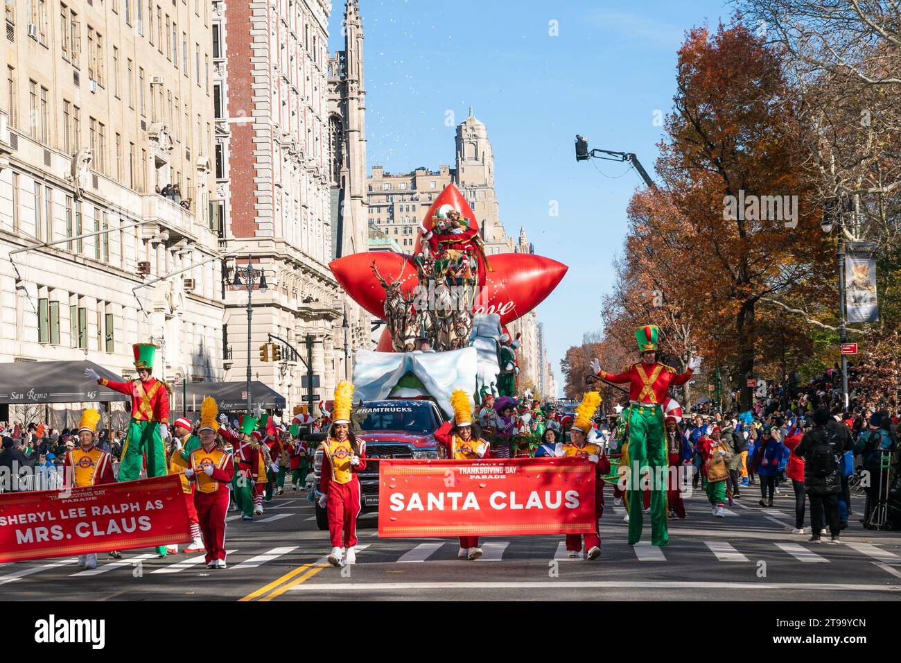 Santa Claus and Mrs. Claus ride on a float during 97th annual 2023 Macy ...