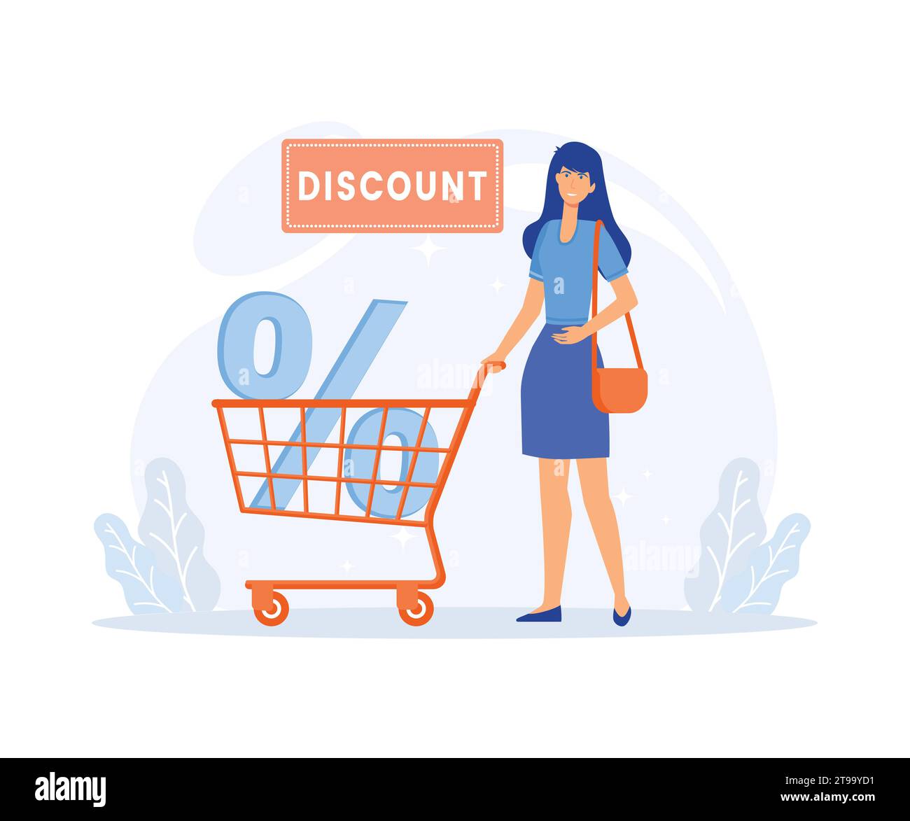 woman pushing shopping cart trolley with big percentage sign. consumerism and people, sales cart ...