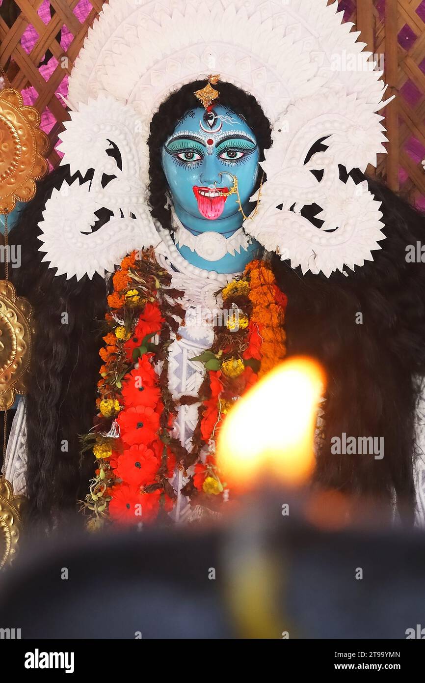 potrait of hindu goddess kali, beautiful maa kali idol during kali pujo ...