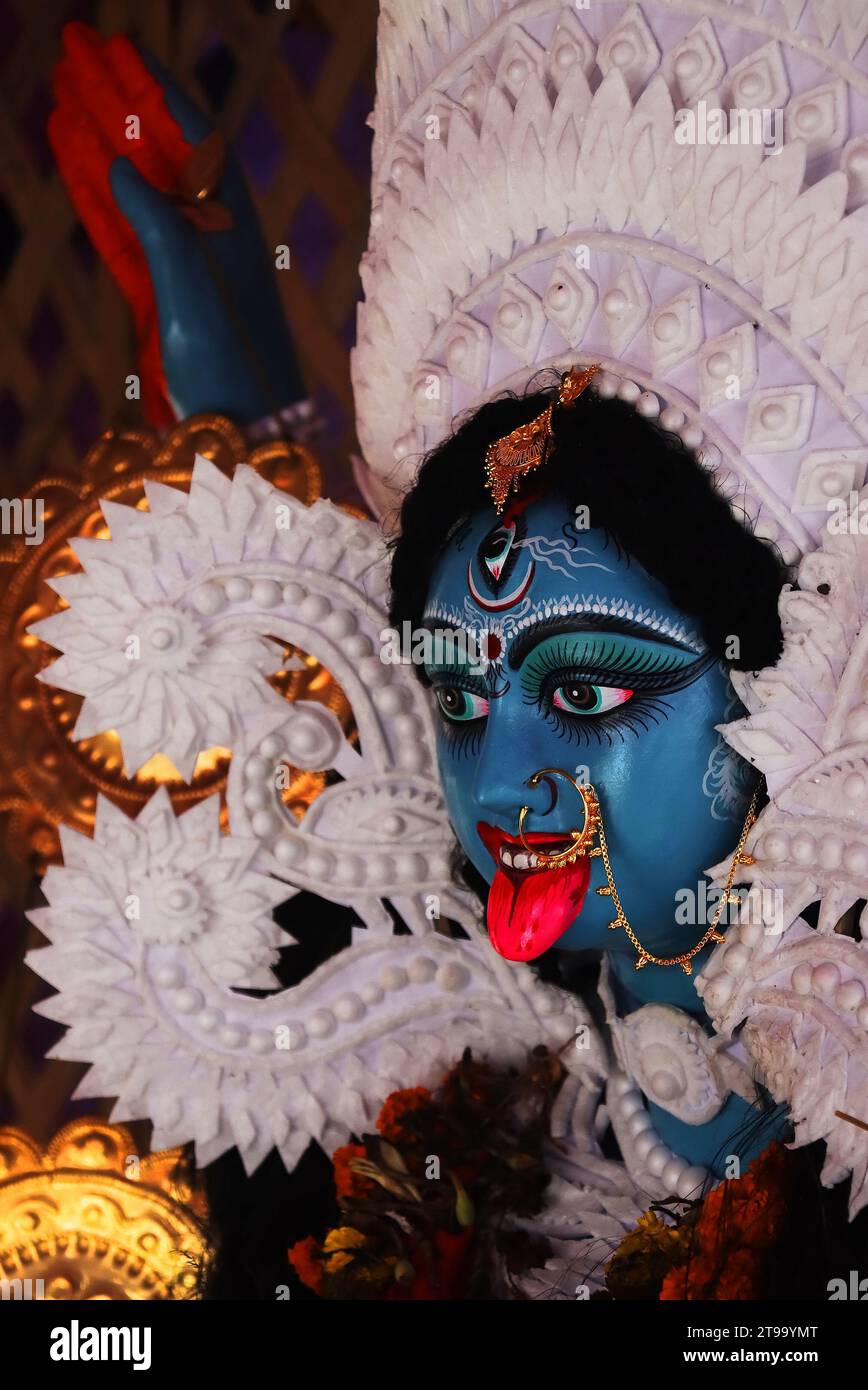 potrait of hindu goddess kali, beautiful maa kali idol during kali pujo ...