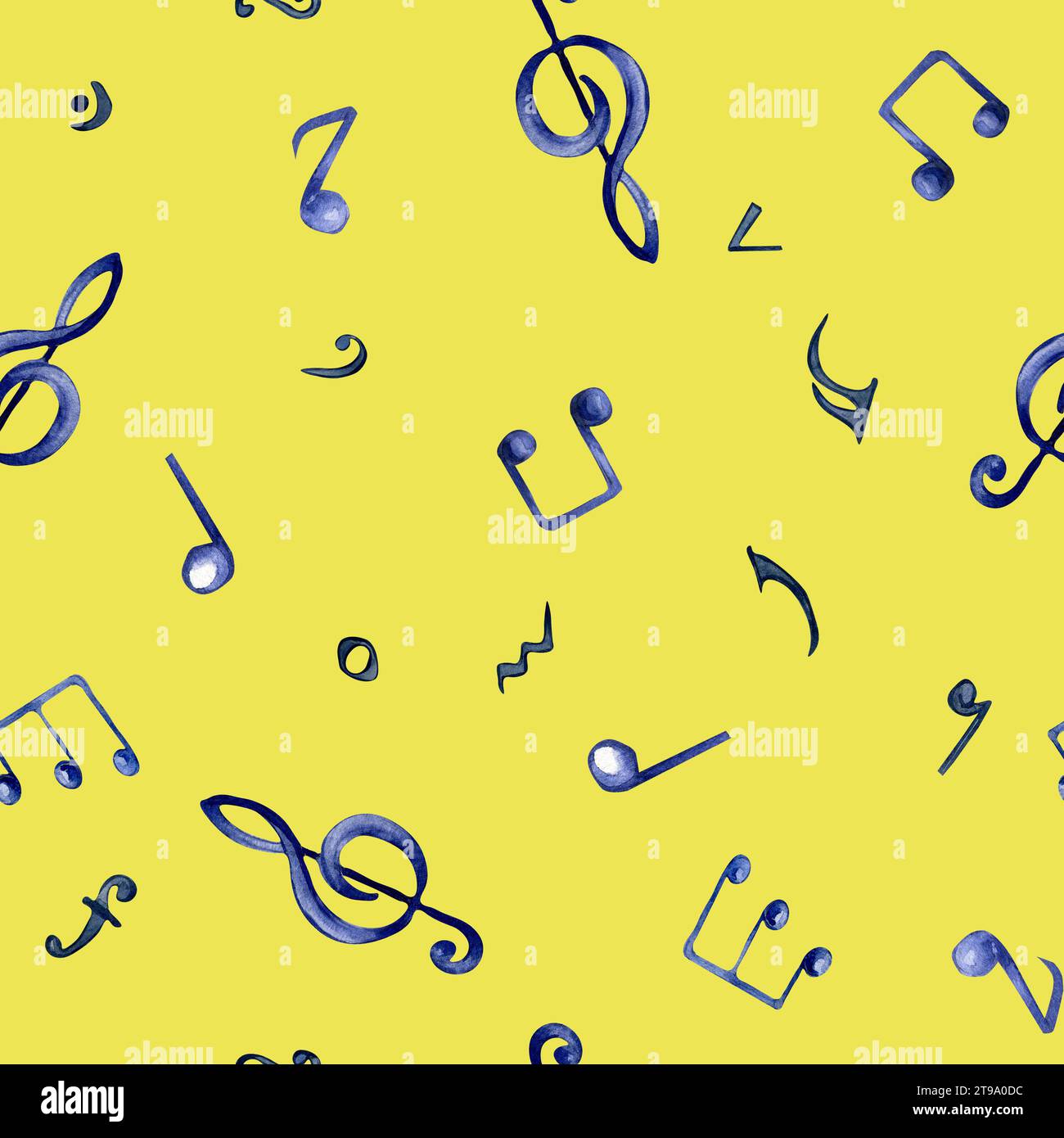 Musical note watercolor seamless pattern. Treble clef and notes ...