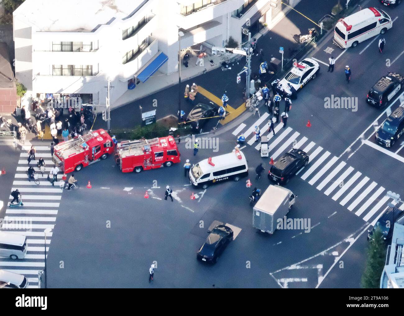 An aerial photo shows an accident scene where a car collided with a ...