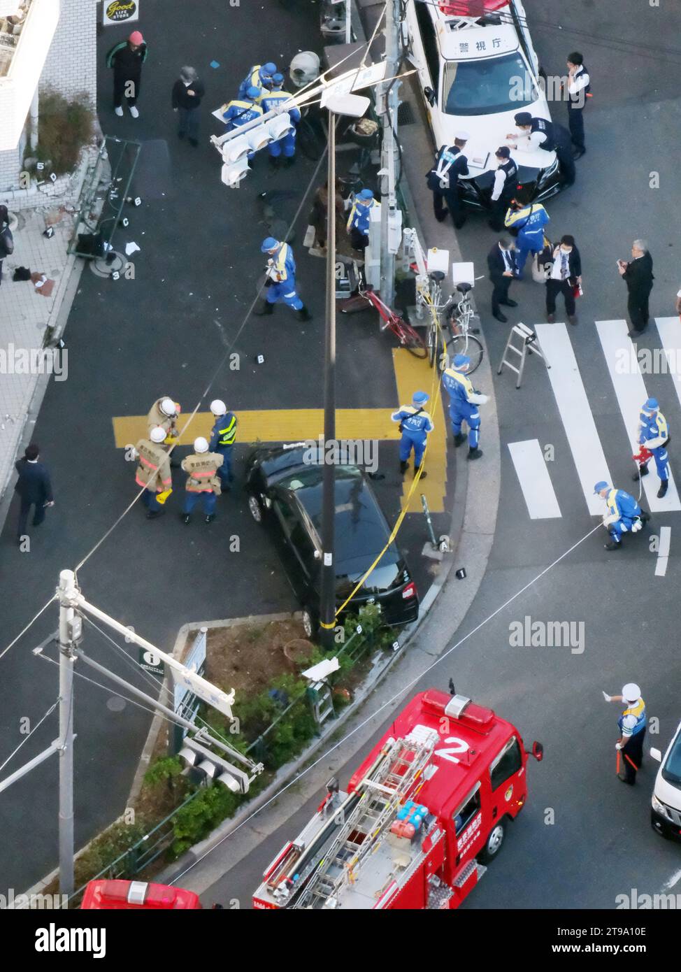 An aerial photo shows an accident scene where a car collided with a ...