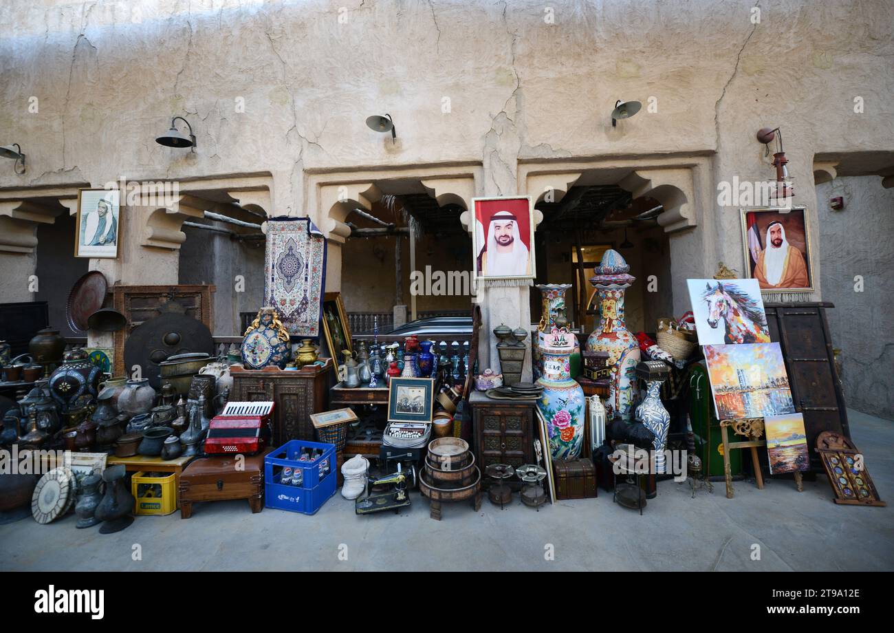Antiques and 2nd hand items displayed in an antique shop in Old Dubai ...