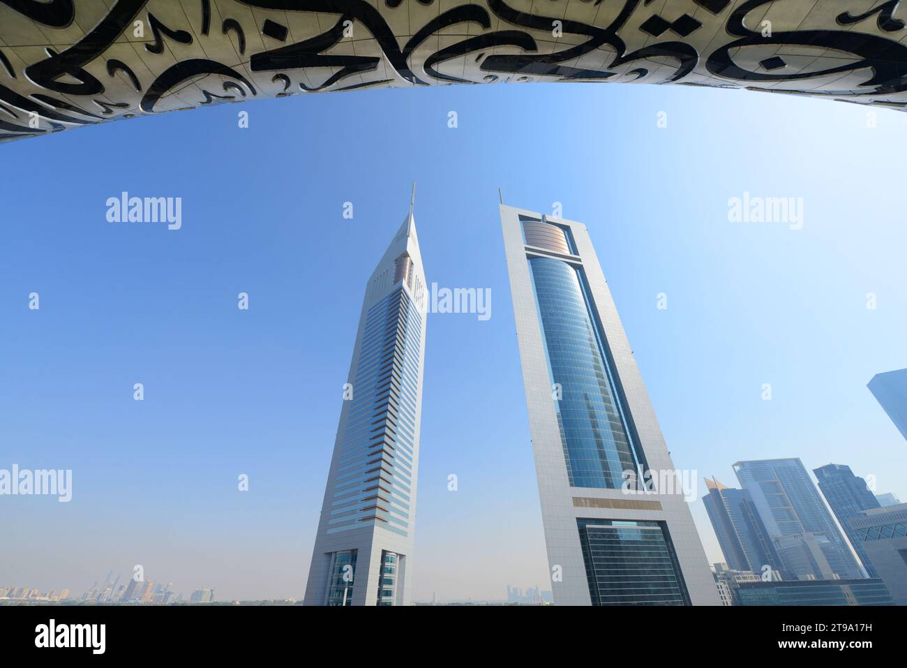 The Emirates towers viewed from the balcony of the Museum of the Future ...