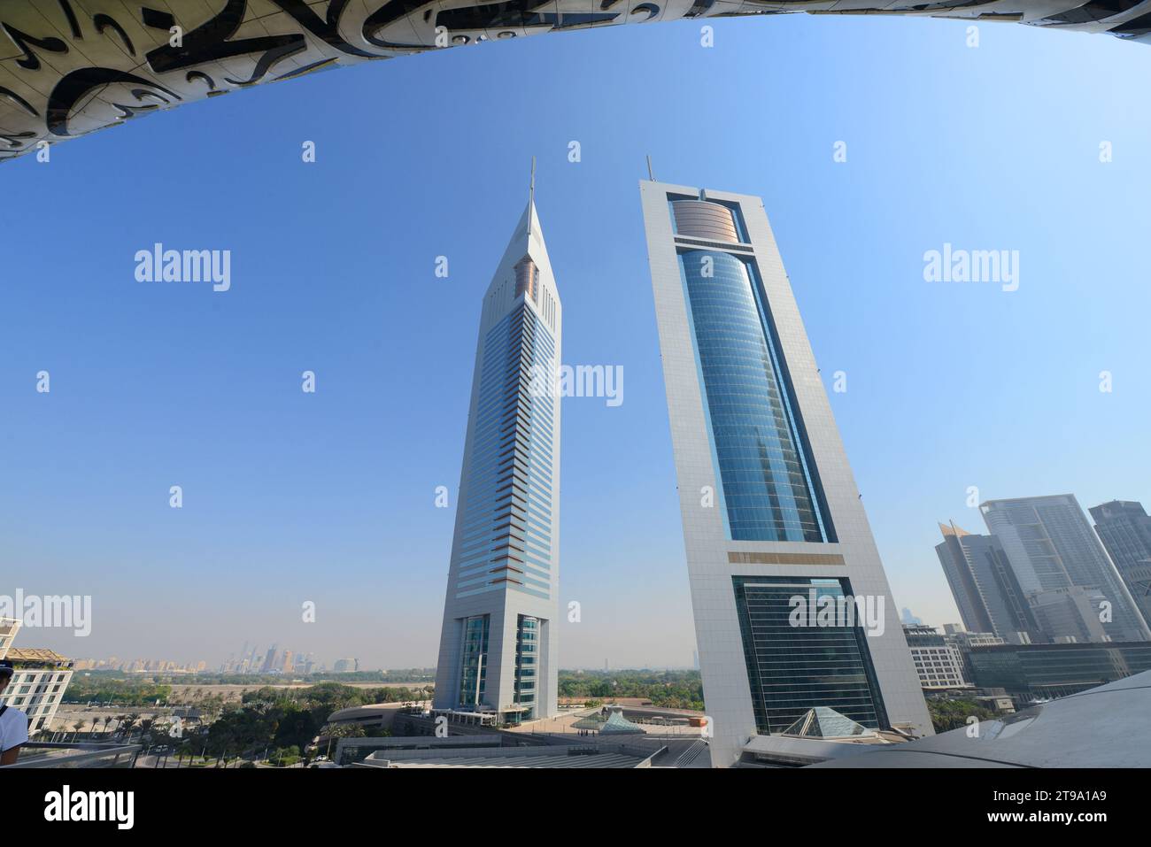 The Emirates towers viewed from the balcony of the Museum of the Future ...
