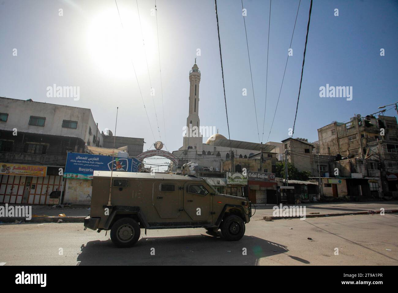 Nablus, Palestine. 23rd Nov, 2023. An Israeli military vehicle block ...