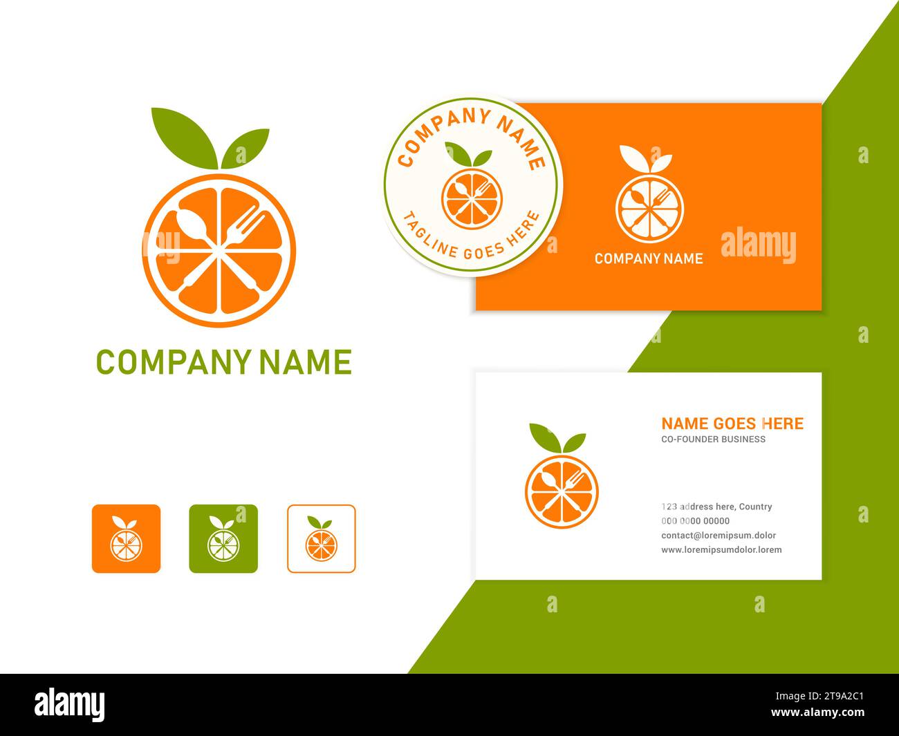 Healthy food logo design with orange, spoon, and fork Stock Vector ...